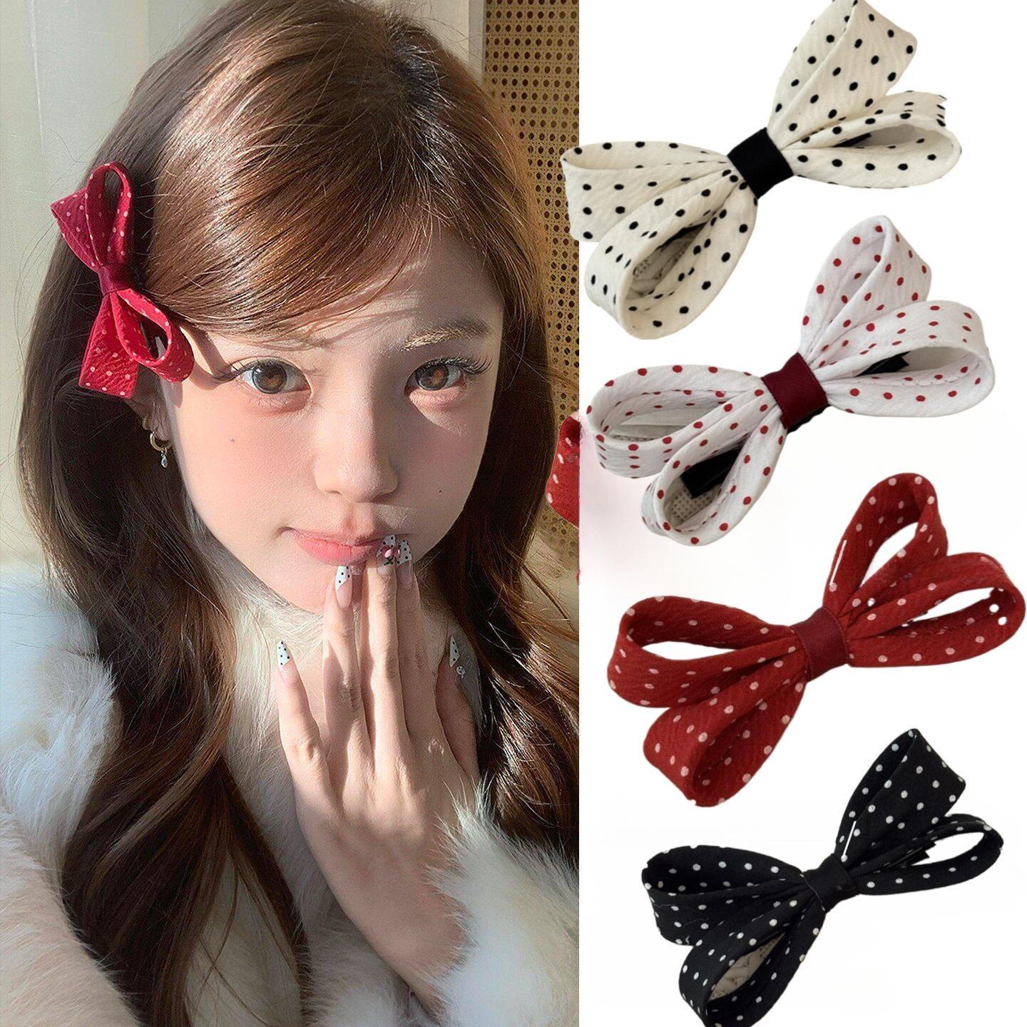 กิ๊บติดผมโบว์ลายจุดสีแดงสไตล์เกาหลี เหมาะหน้าม้าและผมข้าง สวมใส่สบาย ...